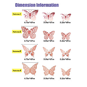JOSDIOX 3D Butterfly Removable Metallic Wall Sticker 4 Styles 3 Sizes, Mural Decals for Kids Room Bedroom Décor Nursery Classroom Party Decoration Wedding DIY (Rose Gold 48 Pcs)
