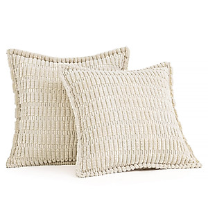 MIULEE Cream White Corduroy Decorative Throw Pillow Covers Pack of 2 Soft Striped Pillows Pillowcases with Broad Edge Modern Christmas Boho Home Decor for Couch Sofa Bed 18x18 Inch