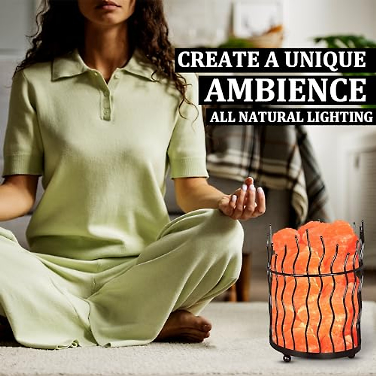 Natural Himalayan Salt , Tall Round Metal Basket lamp with Dimmer Switch | 8-10 lbs