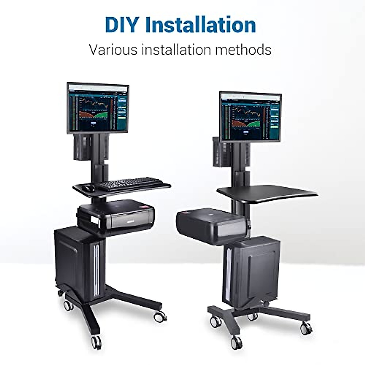 AW Rolling Computer Cart Adjustable Mobile PC Standing Workstation with Monitor Mount Keyboard Tray Printer CPU Holder Wheels for Shop Home Office Black