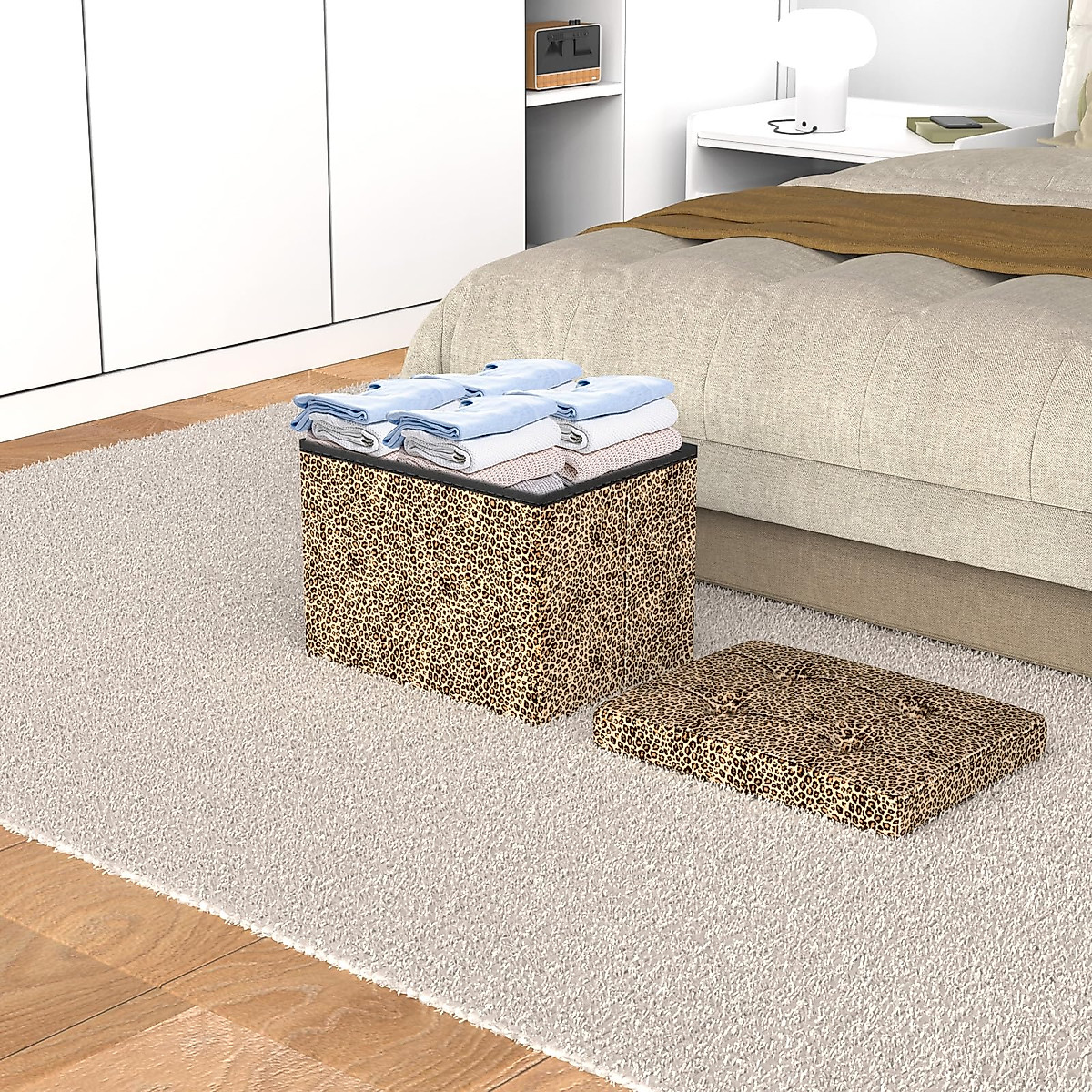 eMOUSE Storage Ottoman Bench Foldable Footrest Stool Seat for Bedroom and Living Room Small Bench Foot Stool Rectangle Cube Leopard L17W13H13IN…