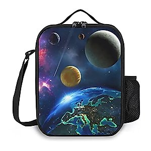 Kids Lunch Box, Insulated Lunch Bag for Girls & Boys, Space Galaxy Planet Lunch Bag with Shoulder Strap, School Bento Lunchbox for Kids Toddlers Teens, Black Reusable Cooler Thermal Meal Tote Kit