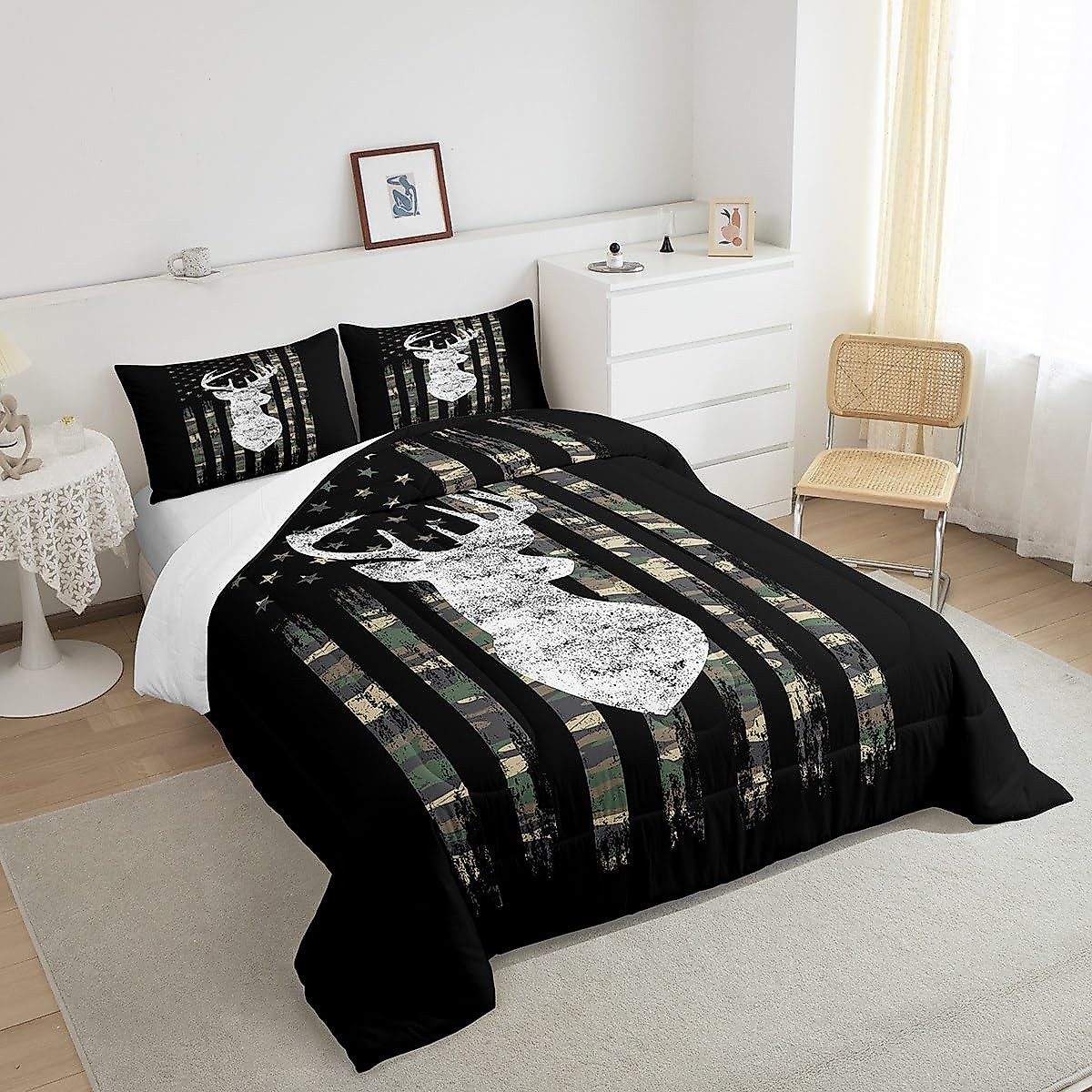Feelyou American Flag Bedding Set Twin Size Deer Comforter Set for Kids Boys Girls Decor Deer Hunting Comforter Camouflage Style Green Black Duvet Set