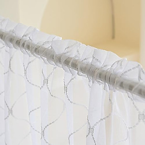 Embroidered Wave Diamond Sheer Curtains White 95 Inches, Window Treatments Rod Pocket Drapes for Living room, Bedroom, Semi Voile Curtain Panels for Yard, Patio, Villa, Parlor, Set of 2, 52"x95".