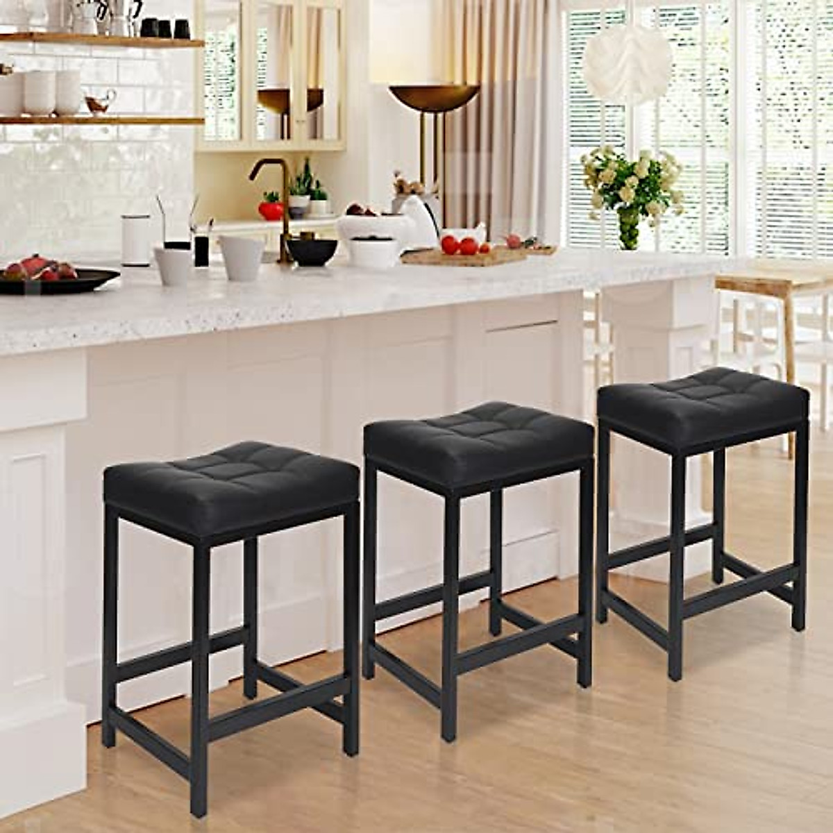 ErgoDesign 26 Inches Saddle Stools, Metal Frame Bar Stools, Pu Leather Bar Chairs, Black, Set of 2