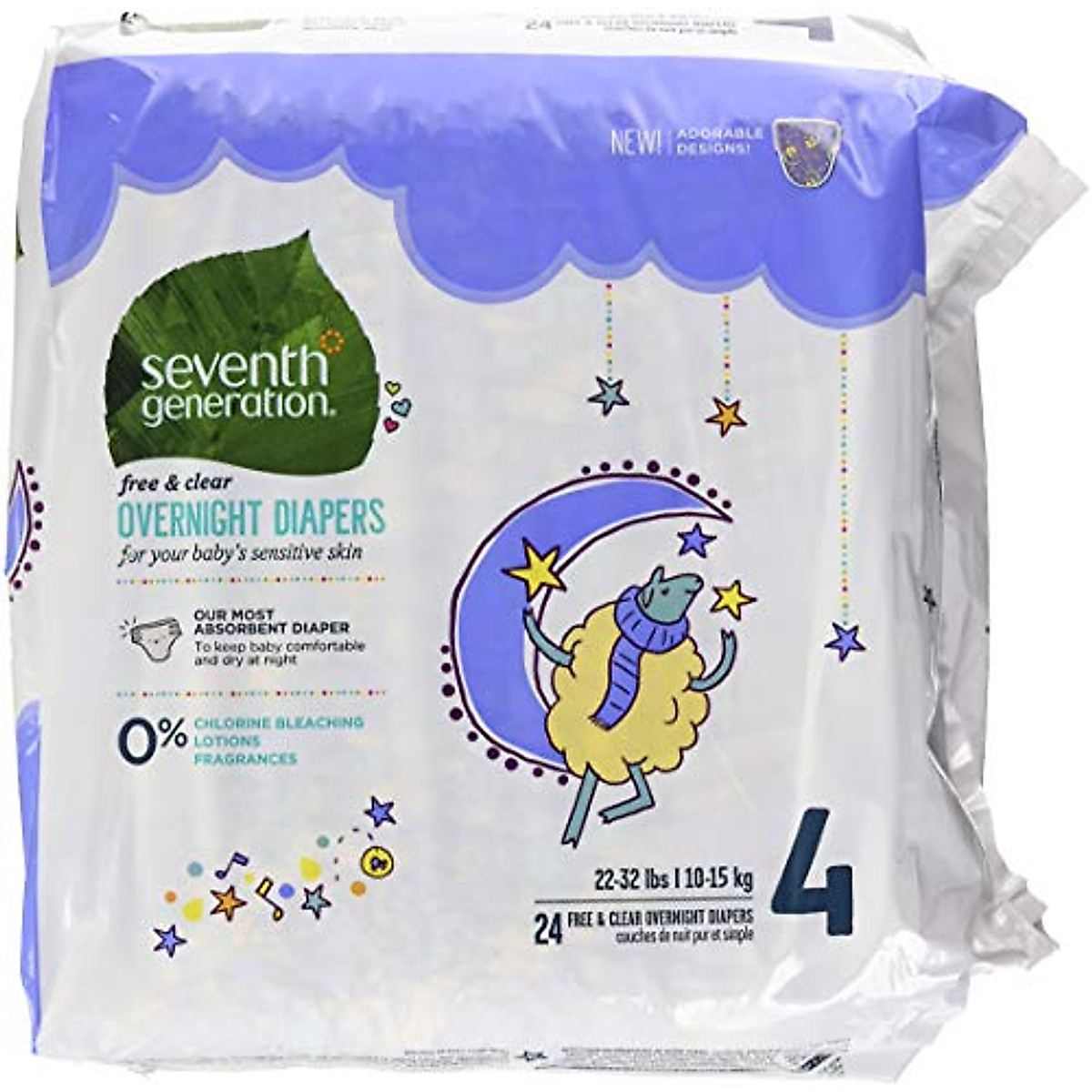 Seventh Generation Baby Overnight Diapers, Free & Clear, Stage 4, 22-32lbs, 24 count (Packaging May Vary)