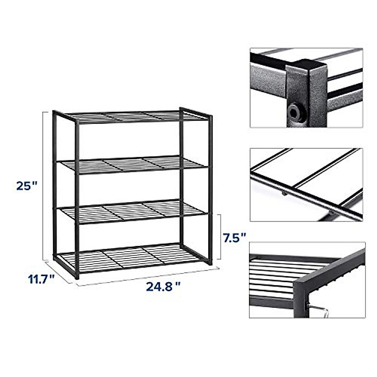 Titan Mall Shoe Organizer Free Standing Shoe Rack 4-Tier Shoe Rack Black Metal Shoe Rack 25 Inch Wide Shoe Tower Shelf Storage