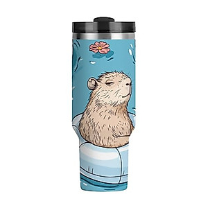 Selerdon 40 oz Tumbler Capybara Float with Handle and Straw Lid Vacuum Stainless Steel Insulated Water Bottle Travel Mug Car Cup Holder Friendly BPA Free for Gym Travel Office
