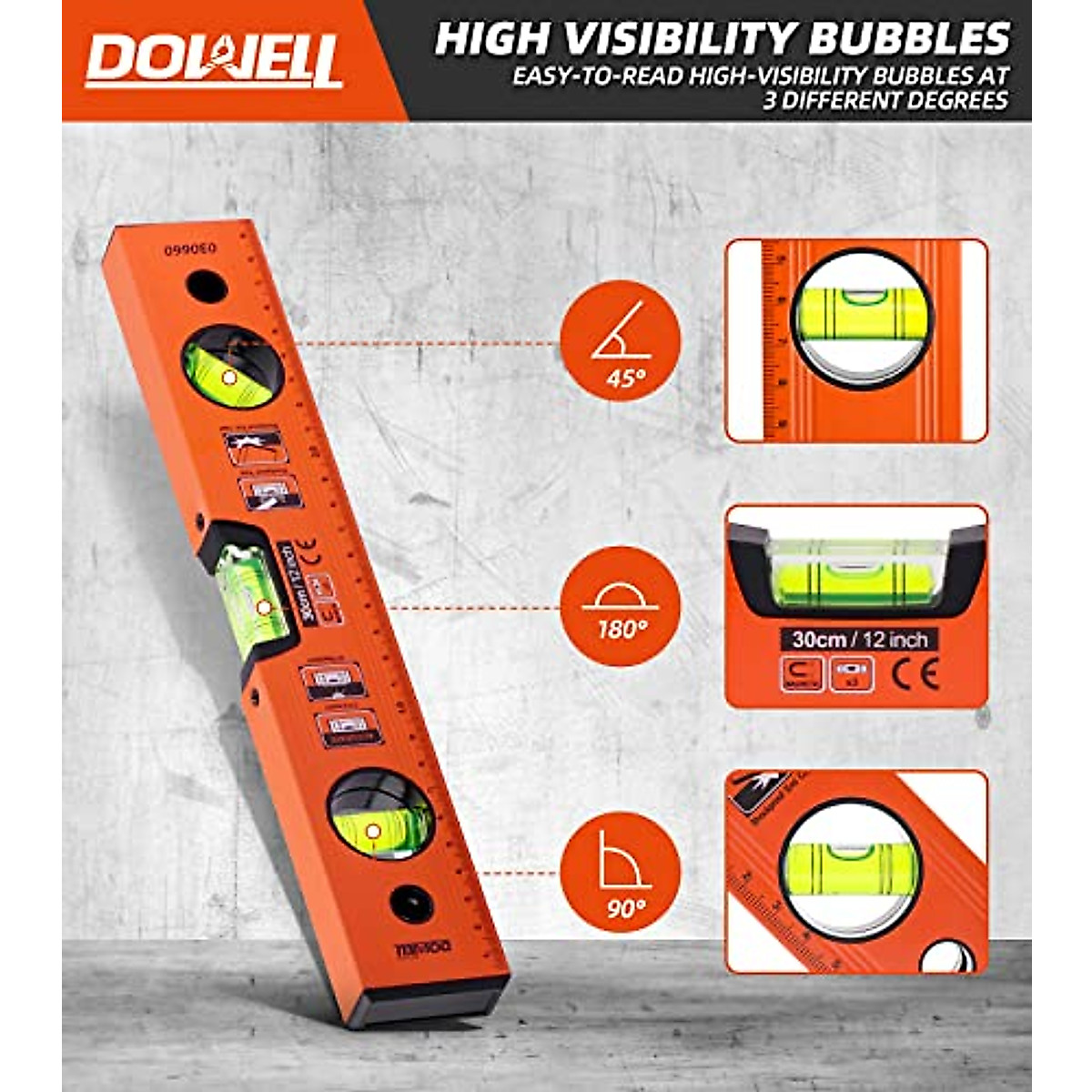 DOWELL 12 Inch Magnetic Spirit Level with Metric Scale, 3 Different Bubbles-45°/90°/180°HY030660