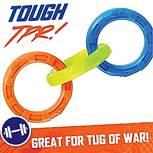 Nerf Dog Rubber 3-Ring Tug Dog Toy, Lightweight, Durable and Water Resistant, 10.5 Inches, for Medium/Large Breeds, Single Unit, Blue/Green/Orange