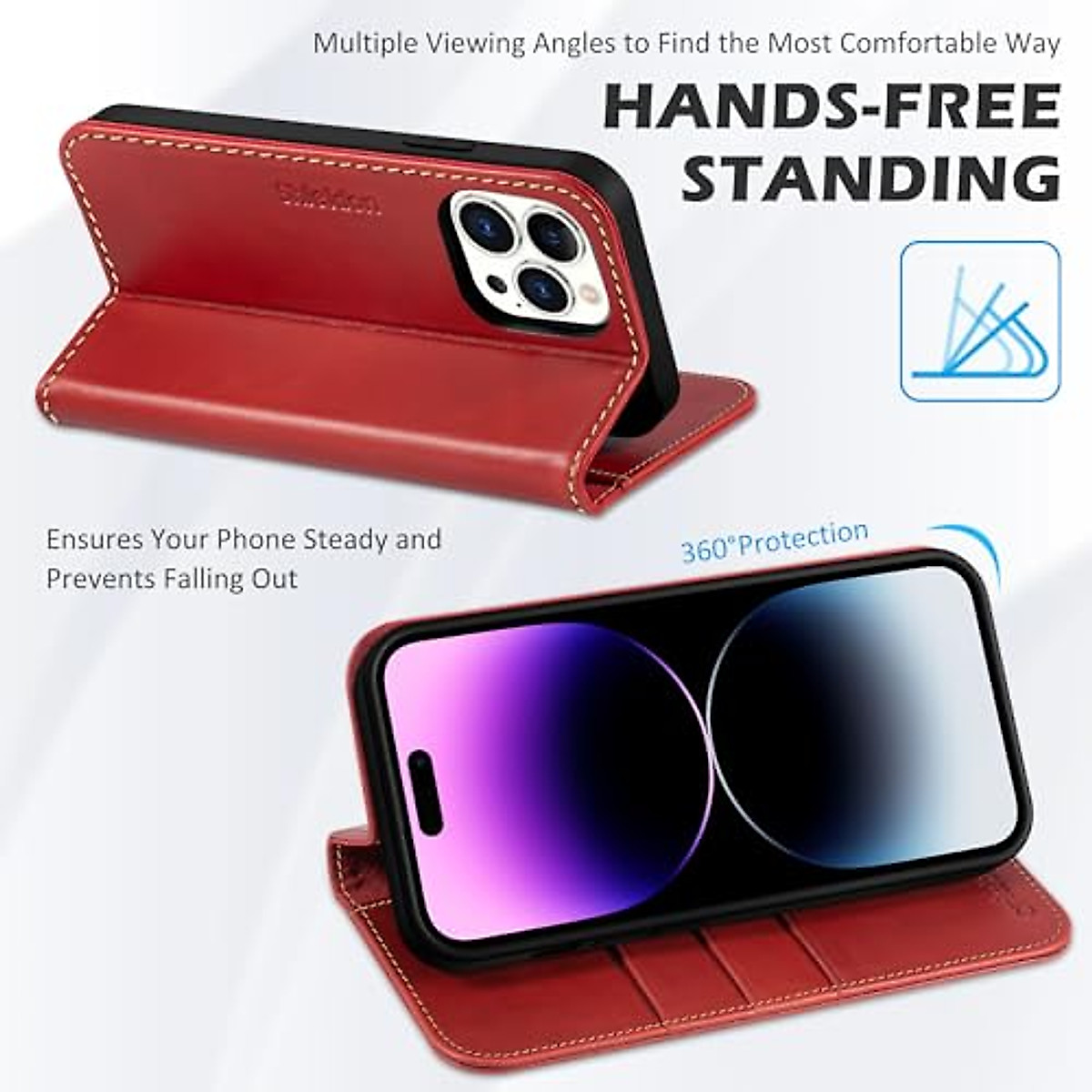 SHIELDON Case for iPhone 14 Pro Max 5G, Genuine Leather Wallet Case Magnetic Cover RFID Blocking Card Holder Kickstand Drop Protection Case Compatible with iPhone 14 Pro Max 6.7" 2022 - Retro Red
