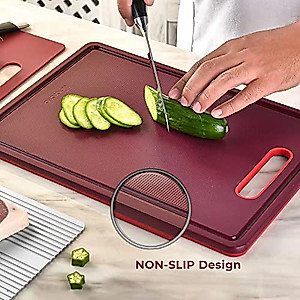 Linoroso Cutting Boards for Kitchen with Defrosting Tray Set of 3, Dishwasher Safe Plastic Cutting Board with Deep Juice Grooves, Non-Slip Durable Chopping Boards for Meat, Veggies, Fruits - Red