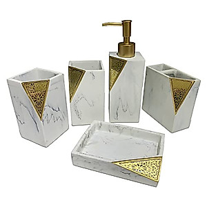 Cozy Villa 5-Piece Bathroom Accessories, Lotion Dispenser, Soap Dish, Toothbrush Holder, Tumblers, White Marble with Gold Design