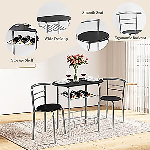 Harmony-Furniture 3-Piece Dining Table Set, Kitchen Table Set with Metal Frame & Shelf Storage, Compact Dining Table and Chairs Set for Kitchen, Restaurant, Café, Bistro (Black & Sliver)