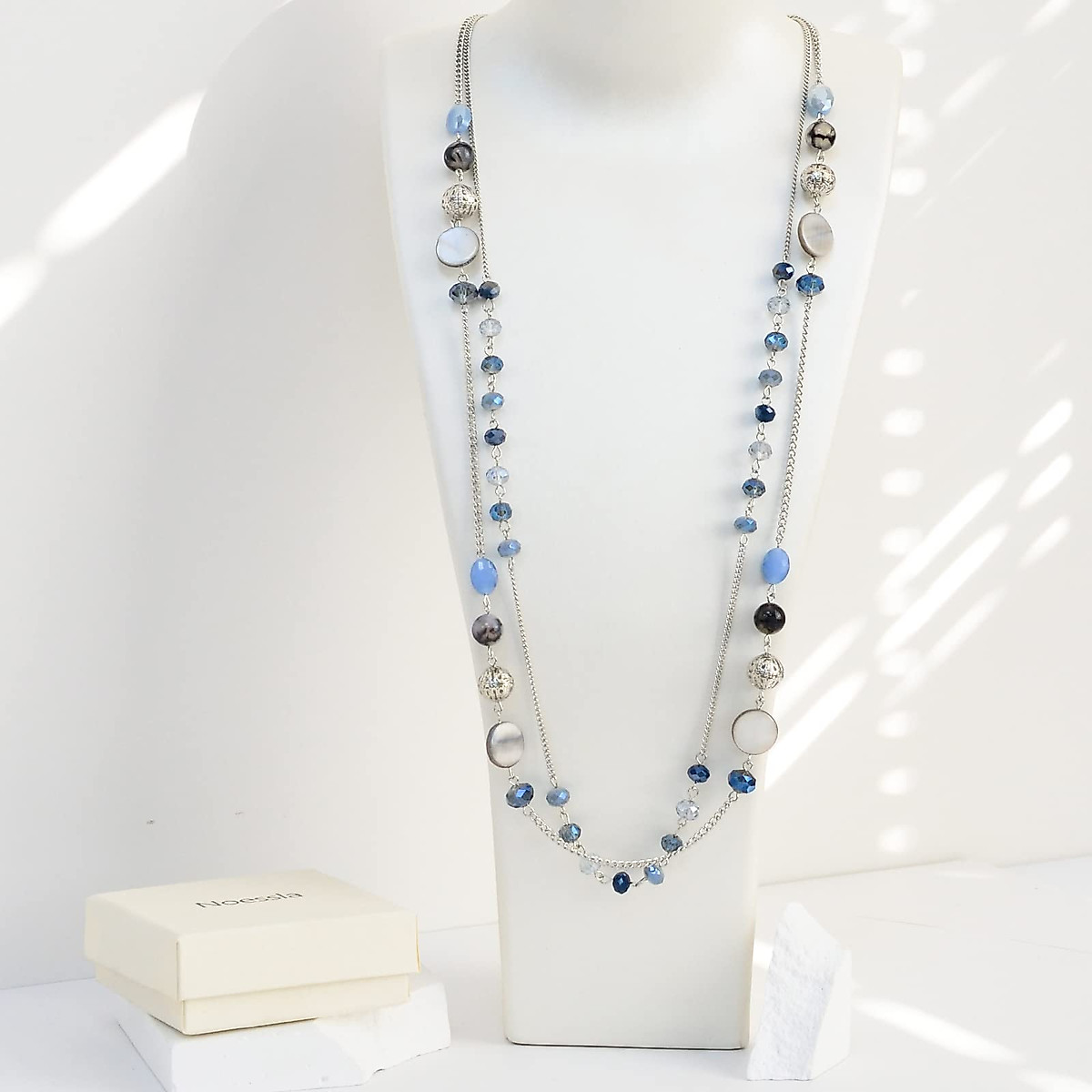 Noessla Layered Long Necklaces for Women Crystal Beaded Statement Necklace Sweater Silver Chain with Gifts Box Jewelry(Blue)