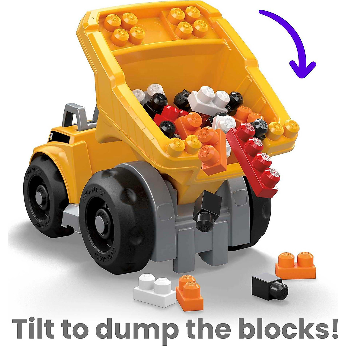 Mega BLOKS Cat Toddler Blocks Building Toy Set, Large Dump Truck with 25 Pieces and Storage, Yellow, Ages 1+ Years