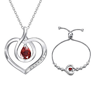 Agvana January Birthstone Genuine Garnet Heart Necklace Bracelet for Women Sterling Silver Infinity Love Pendant Fine Jewelry Set Mothers Day Gifts for Mom Anniversary Birthday Gifts for Mother Her