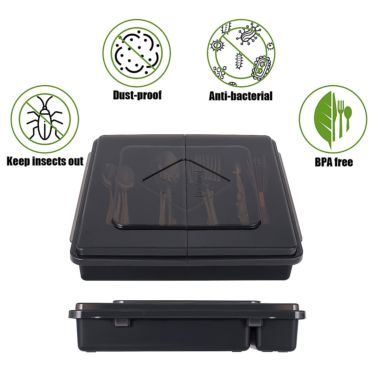 Goehiaul Silverware Organizer with Lid Silverware Tray for Drawer Countertop Utensil Organizer Cutlery Tray with Snap-on Lid