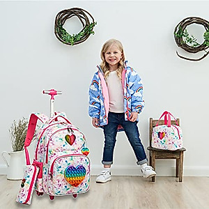 Egchescebo School Bags Kids Rolling Love Backpack for Girls Luggage Suitcase With Wheels Trolley Wheeled Backpacks for Girls Travel Bags 17' 3PCS Toy With Lunch Box Red