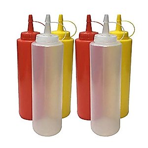 Kolice 6-pack food service squeeze, squirt condiment bottle, table condiment squirt disperser, squeeze squirt bottle, narrow mouth squeeze with cap & lid (24 oz)