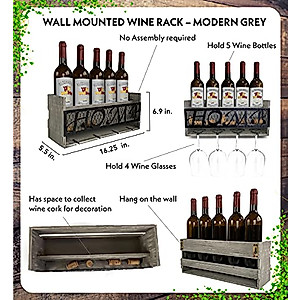 CoTa Global Modern Grey Wall Mounted Wine Rack - Wooden Wine Bottle Holder for 5 Bottles & 4 Wine Glasses with Cork Storage, Hanging Metal Home Sign & Organizer Wood Shelf for Wine Bar & Home Décor