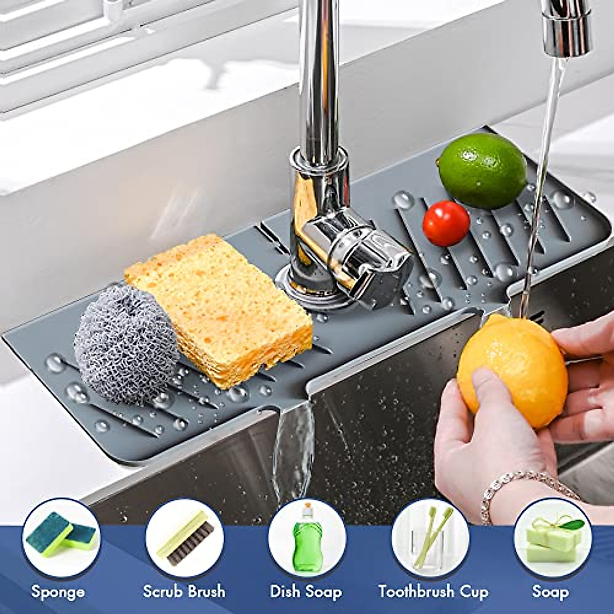 Dish Drying Mat Faucet Splash Guard Kits, Kitchen Bathroom Silicone Faucet Mat Sink Water Splash Guard, Silicone Mat Heat Resistant Mat Drying Mat for Kitchen Counter (Grey)