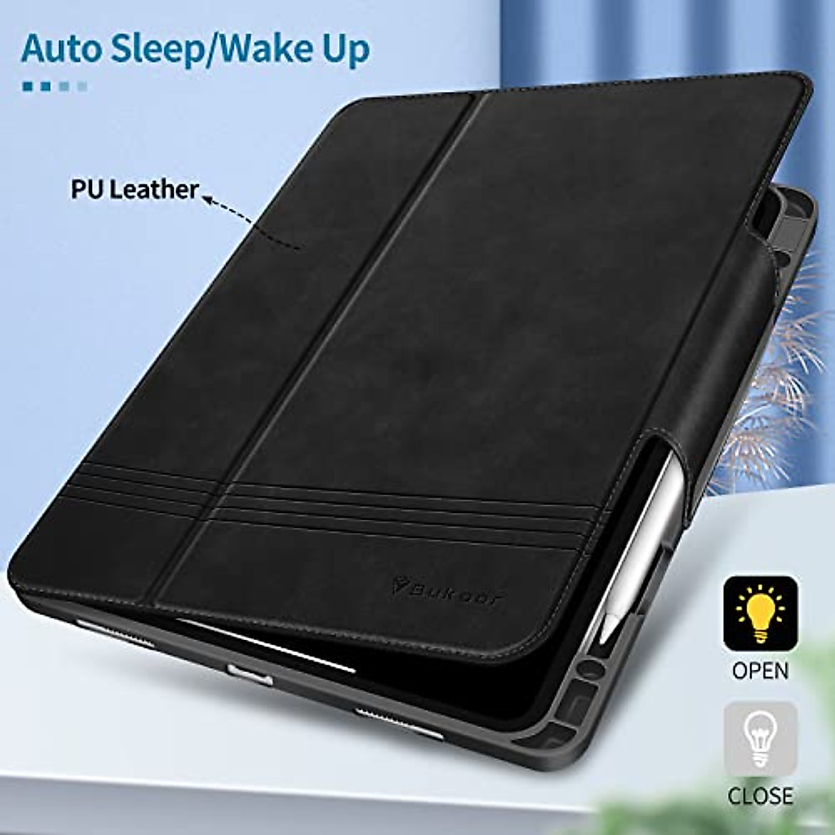 BuKoor iPad Pro 12.9 inch Case 6th Generation (2022) 5th/4th/3rd Generation (2021/2020/2018) with Pencil Holder, Auto Sleep/Wake,Vegan Leather Smart Cover (Black)