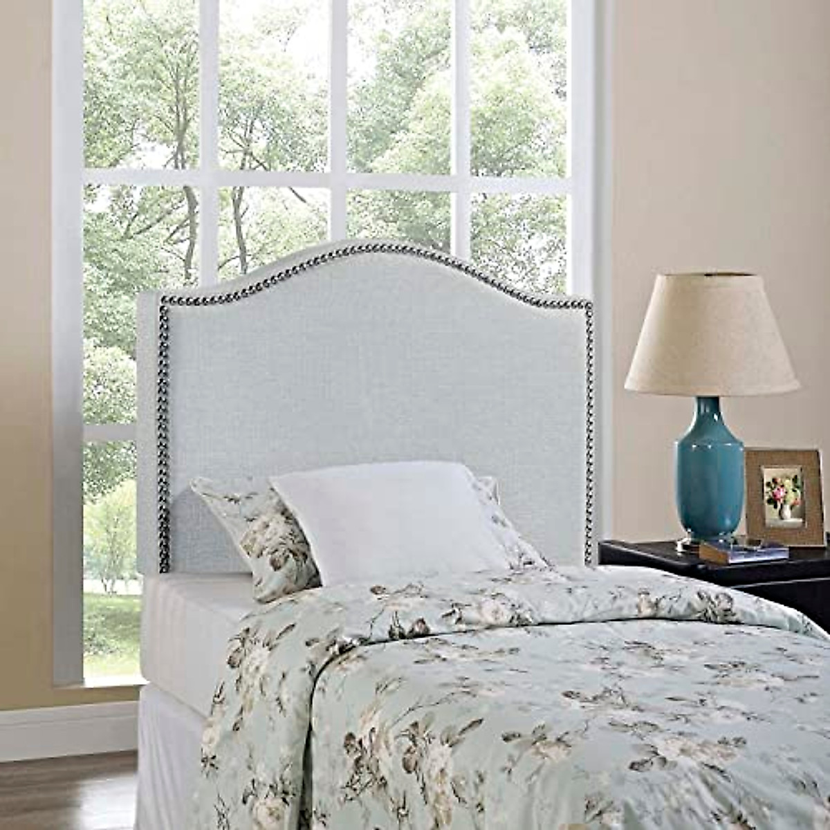Modway Curl Linen Fabric Upholstered Twin Headboard with Nailhead Trim and Curved Shape, Sky Gray