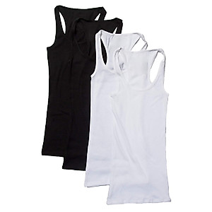 Zenana Outfitters 4 Pack Womens Basic Ribbed Racerback Tank Top WHITE/WHITE/BLACK/BLACK M