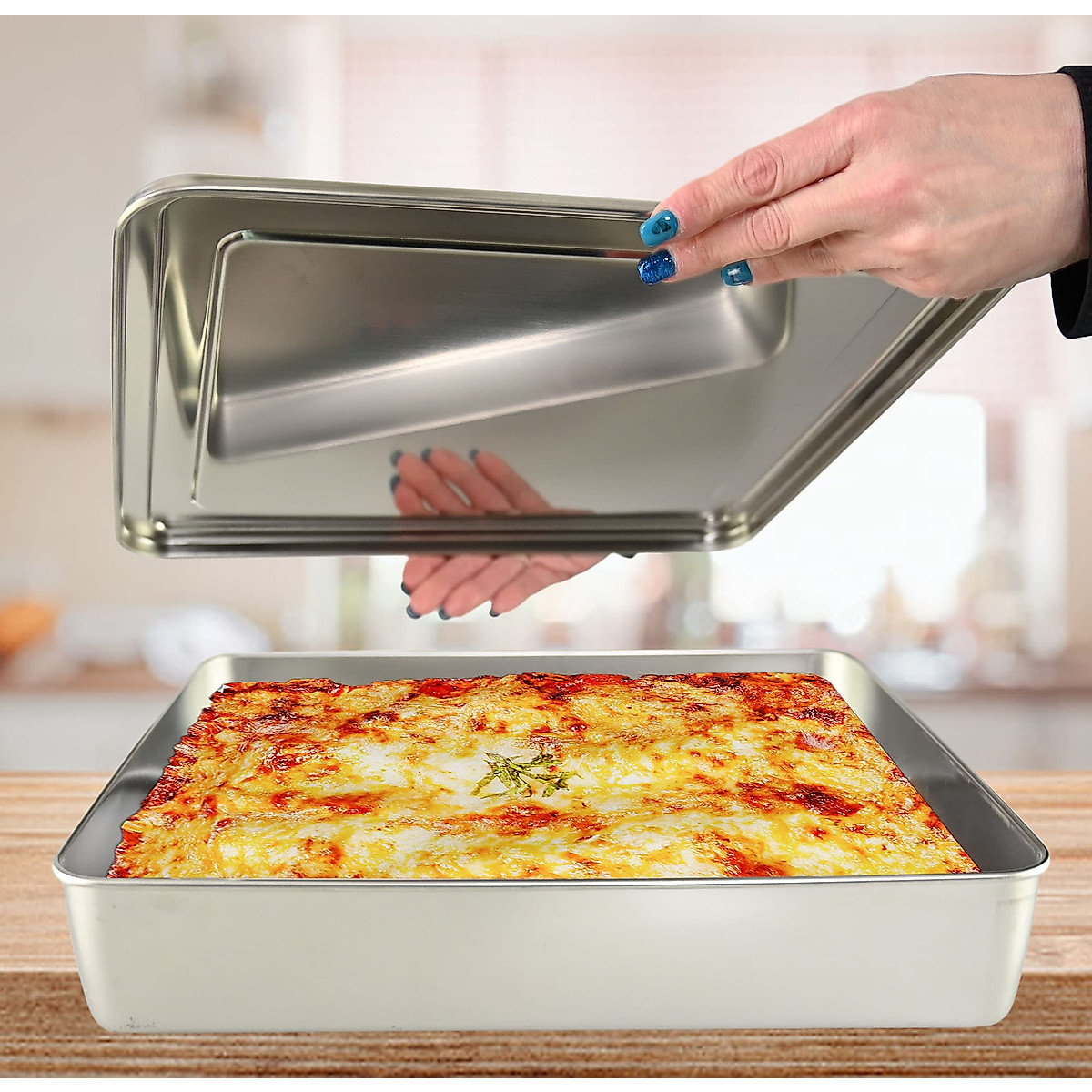 Home-X Stainless-Steel Cake Pan with Lid, Rectangular Cake Pan With Lid, Baking Tray for Cakes, Oven-Safe Pan, Large Metal Baking Pan, 13" L x 11" W x 2 ½” D, Stainless Steel