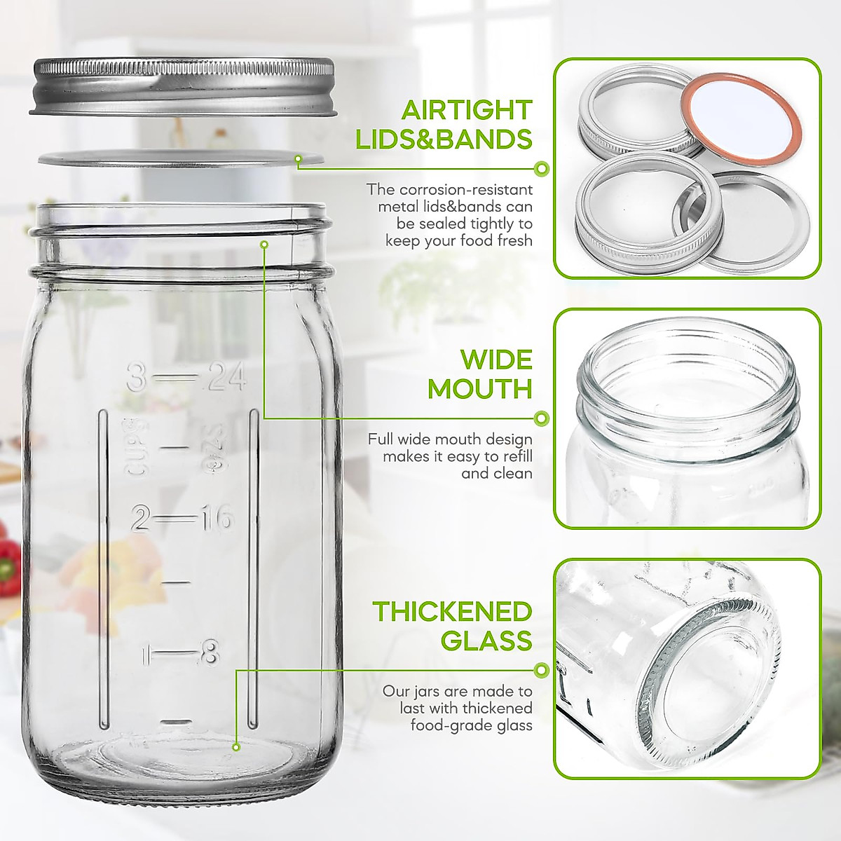 Alotpower 32 oz Mason Jars Wide Mouth 4Pack,Empty 32oz Mason Jars with Lids&Bands/Stickers/Marker/Bottle Brush(32fl.oz, Set of 4)