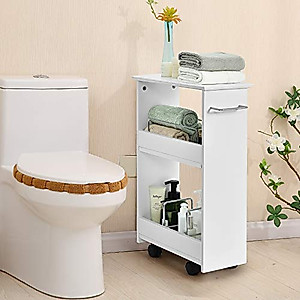 Tangkula Slim Bathroom Storage Shelves, Wooden Rolling Storage Cabinet w/ 3-Tier Shelves, Lockable Wheel, Towel Bar, Side Storage Organizer for Kitchen, Bathroom, Laundry, 18 x 8 x 25.5 inches (White)