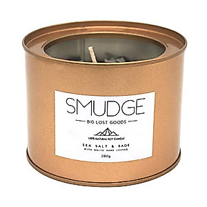 BIG LOST GOODS Smudge Candle: Sea Salt & Sage Scented with Real White Sage Leaves & 100% Natural Soy Wax (10 Oz Tin). Use for: Smudging, Energy Cleansing, Purification, Aromatherapy