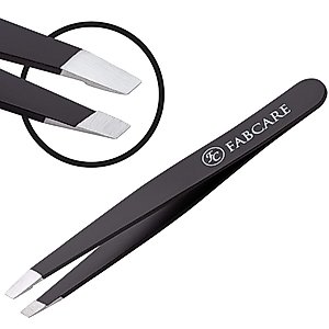 FABCARE Tweezers for plucking eyebrows with slanted tips, includes case, professional non-slip coating, high-quality tool for hair removal, suitable for men and women, precise and durable design.