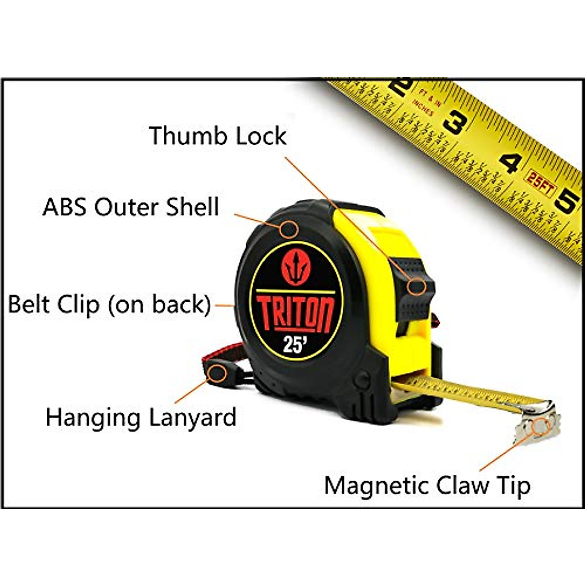 Triton - 6 Pack - 25 ft Tape Measures - Easy to Read Fractions to 1/8th inch - Magnetic Claw Tip - Thumb and Quick Lock - Autowind - Belt Clip