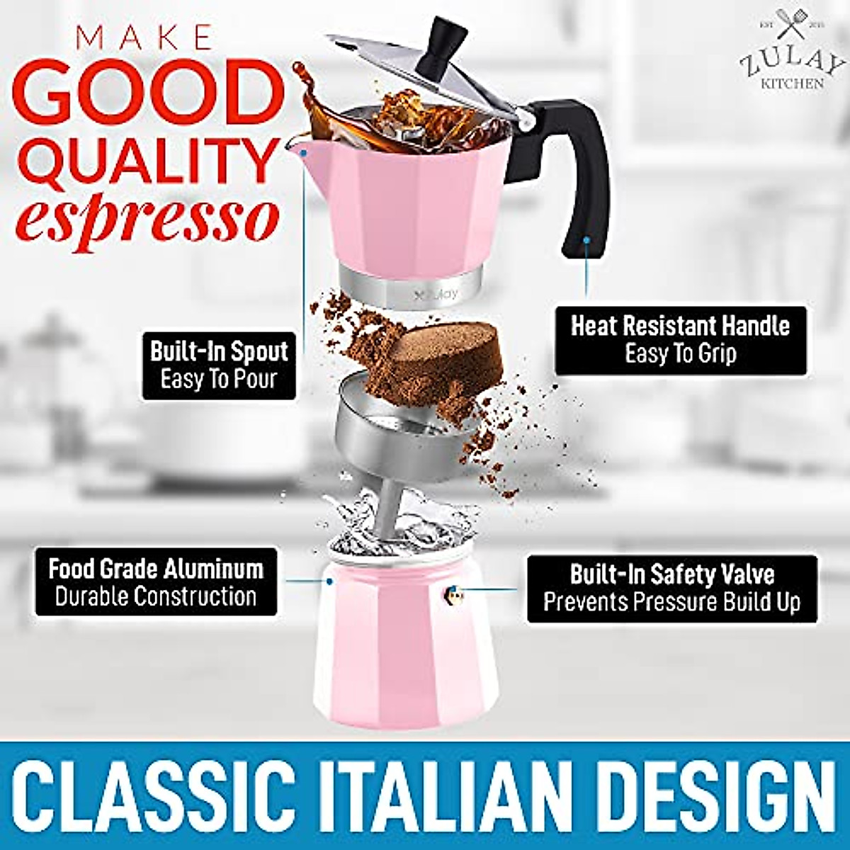 Zulay Kitchen Stovetop Espresso Maker - Moka Pot 6 Espresso Cups - Percolator Coffee Maker for Classic Cuban & Italian Style Espresso - Portable Coffee Maker for Camping & Travel - (Pink)