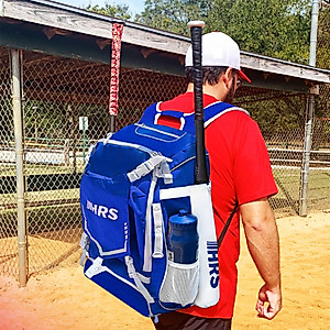 Hit Run Steal Blue Softball Baseball Bag - Holds 4 Bats, Glove, Water Bottle, Shoe Compartment, Helmet, Fence Hook for Equipment & Gear