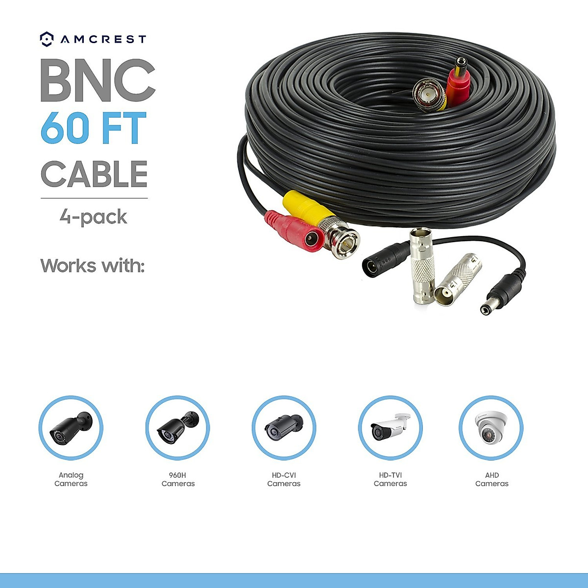 Amcrest 4-Pack 60 Feet Pre-Made All-in-One Siamese BNC Video and Power CCTV Security Camera Cable with Two Female Connectors for 960H & HD-CVI Camera and DVR (SCABLEHD60B-4pack)