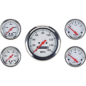 5-Gauge Set Complete Kit: 3-3/8" Mechanical Speedometer, 2-1/16" Component Gauges with White Face, Red Pointer & Chrome Bezel, Includes Tubing, Adapters, Fuel Level Sender