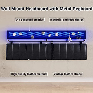 EPHEX King Platform Bed Frame with LED Lights, Faux Leather Upholstered Bed Frame with Wall Mount Headboard & Pegboard, Strong Wood Slat Support, No Box Spring Needed, Black