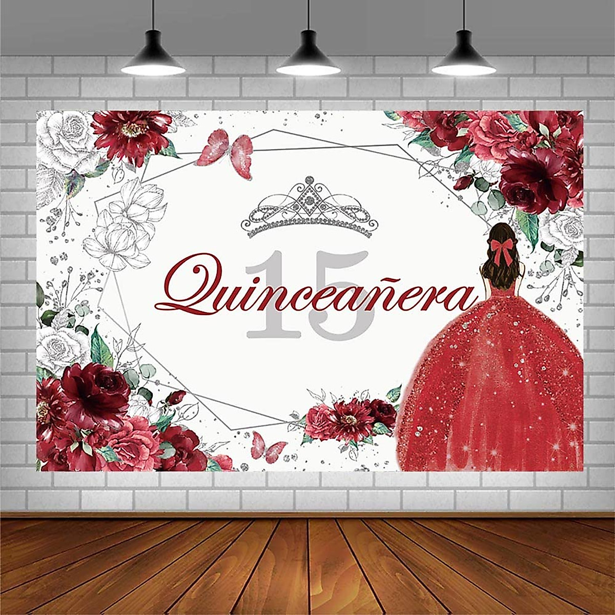 Sendy 10x7ft Quinceanera 15th Birthday Backdrop for Sweet Girl Mis Quince Anos 15th Birthday Party Decorations Red Silver Glitter Floral Crown Butterfly Banner Photography Background Cake Table Props