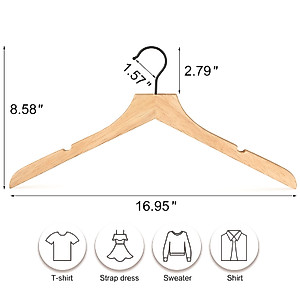 TOPIA HANGER Rubber Wood Hangers, Wooden Clothes Hangers with Rotatable Black Hook and Smooth Cut Nothces, Set of 12 Durable and Slim Hangers for Coats, Suits, Jackets, Sweaters, Dresses - CTS01N