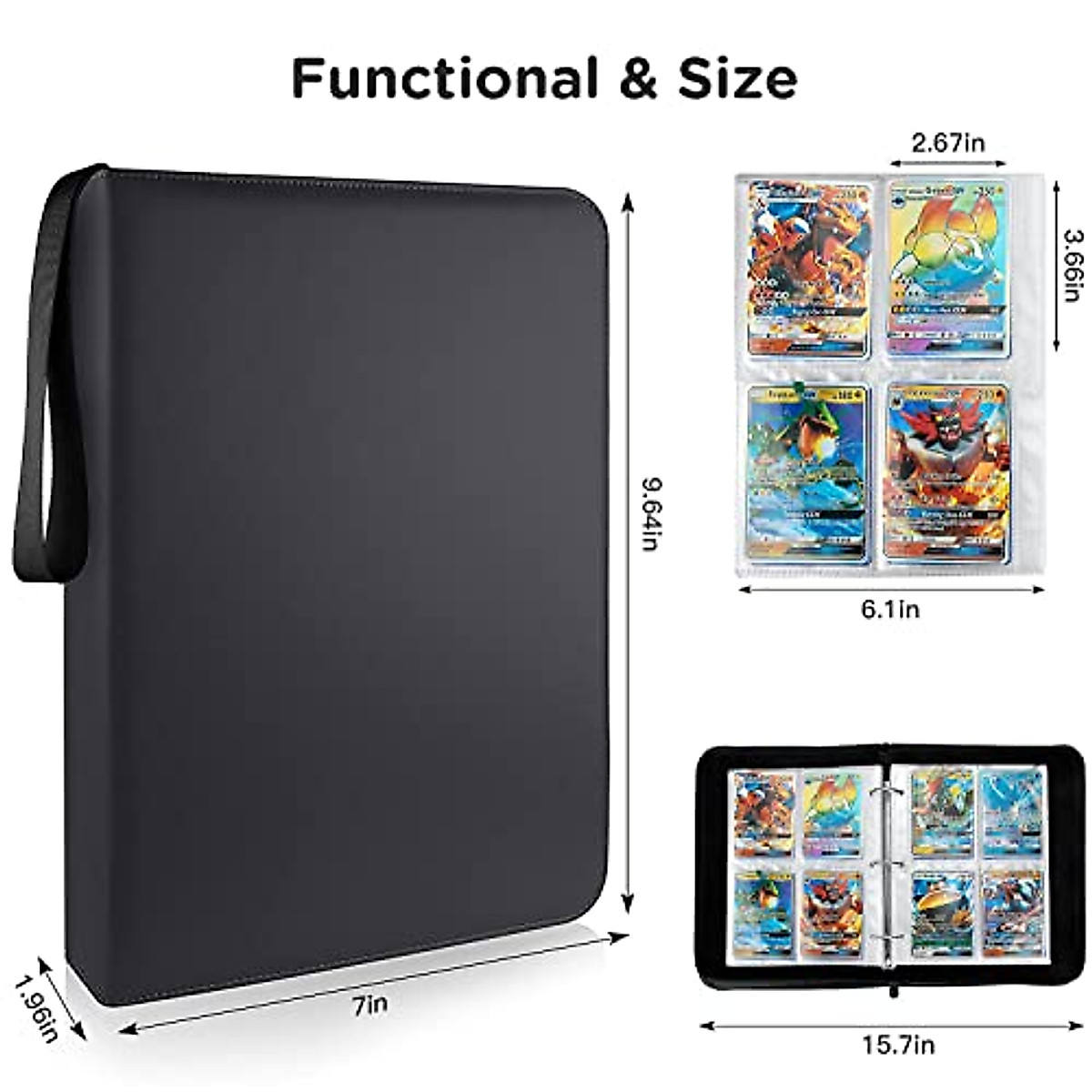 LIUDU Card Binder 4-Pocket,400 Pockets Game Cards with 50 Sleeves,Trading Card Collection Zipper Binder Holder for Kids Gifts (Black 400Pockets)