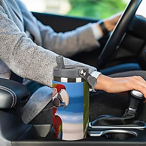 30oz Stainless Steel Insulated Tumbler with Flip Lid & Straw, Leakproof Travel Mug for Car, Beach Parrots Double Wall Vacuum Thermal Coffee Cup with Handle, Spill-Proof Design for Hot/Cold Drinks