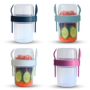 Salda 4 Pack 22 oz Breakfast On the Go Cups, Take and Go Yogurt Cup with Topping Cereal Cup with spoon and fork, Overnight Oats or Oatmeal Container Jar, Colorful Set of 4 (22, Oval, 4, 650ml)