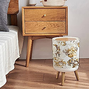 Small Trash Can with Lid Seamless with a Gold Hydrangea and Cherry Flowers Round Recycle Bin Press Top Dog Proof Wastebasket for Kitchen Bathroom Bedroom Office 7L/1.8 Gallon