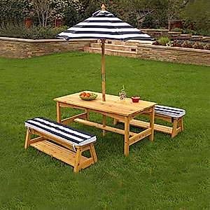 KidKraft Outdoor Wooden Table & Bench Set with Cushions and Umbrella, Kids Backyard Furniture, Navy and White Stripe Fabric & Wooden Adirondack Children's Outdoor Chair, 3-8 21.5 x 19.2 x 24.5