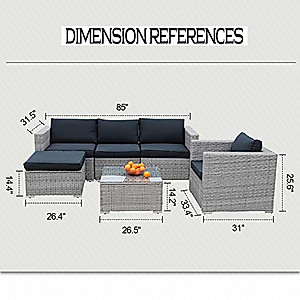 Polar Aurora 6pcs Patio Furniture Set PE Gray Rattan Wicker Sectional Outdoor Sofa Set Outside Couch w/Black Washable Seat Cushions & Modern Glass Coffee Table