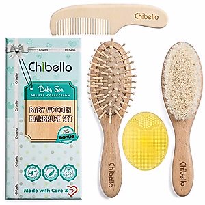 Chibello 4 Piece Wooden Baby Hair Brush and Comb Set Natural Goat Bristles Brush for Cradle Cap Treatment Wood Bristle Brush for Newborns and Toddlers Perfect for Baby Shower and Registry