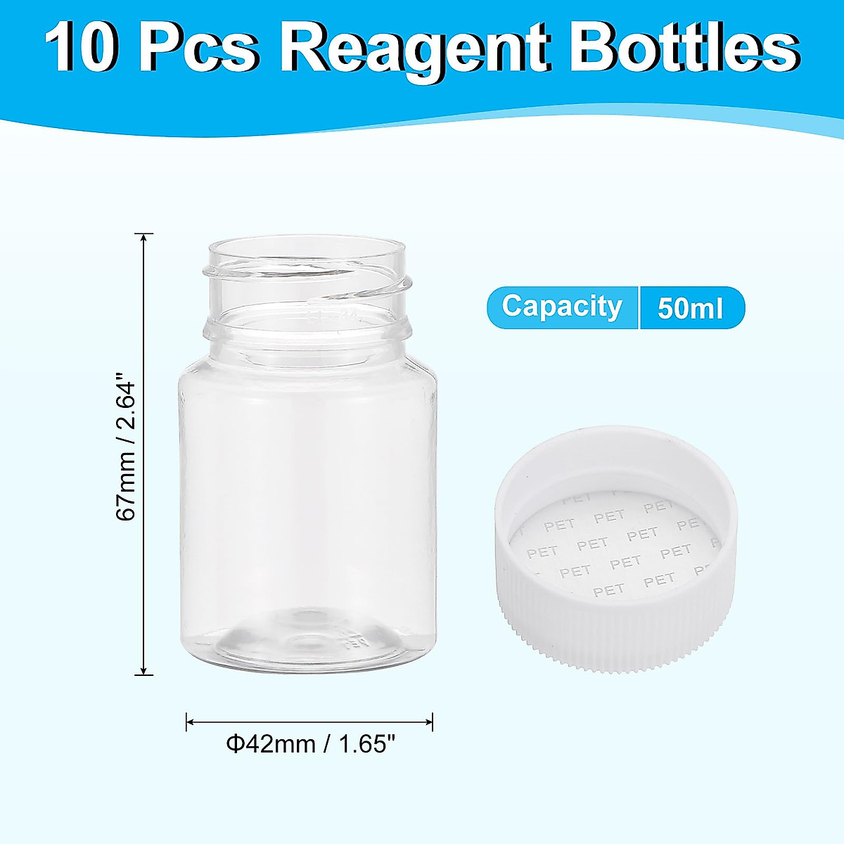 PATIKIL 10 Pcs 50ml Reagent Bottles, PET Wide Mouth Round Bottles with Screw Cap for Lab Water Reagent Liquids Solid Sample Storage Seal, Transparent
